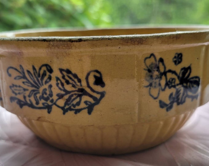 1910's, Vintage, Cobalt, Stenciled, Yellow Ware, Wildflower, Bowl, Stoneware, Salt Glaze ...