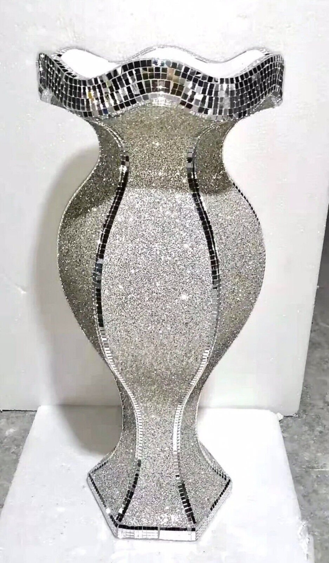 Silver Petals Sparkly Vase Romany Mirrored Mosaic Italian - Etsy