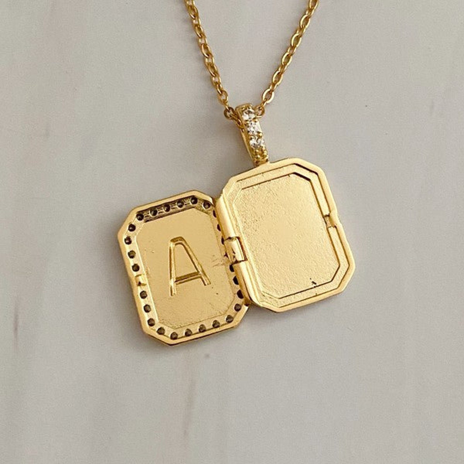 18K Gold Initial Deco Open Locket Pendant Necklace Mother of Pearl - Etsy