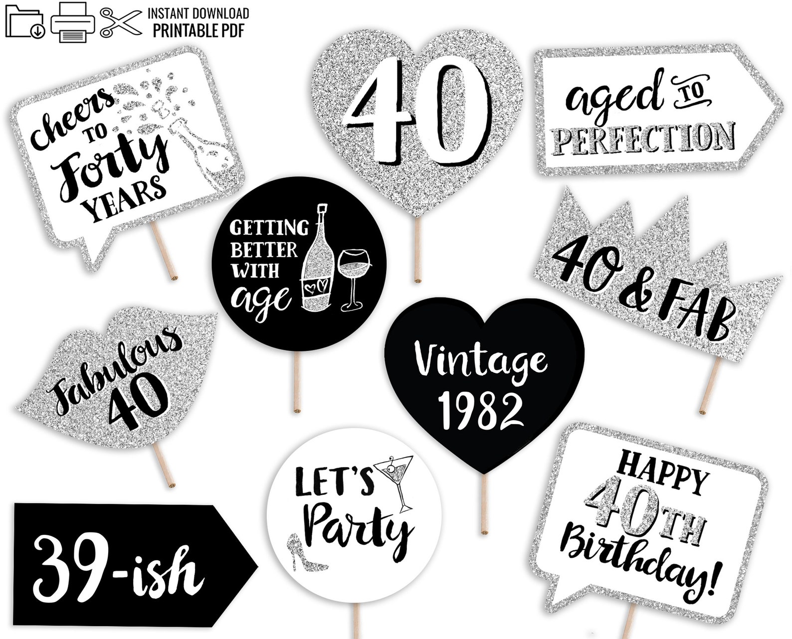 40th Birthday Printable Photo Booth Props INSTANT DOWNLOAD | Etsy