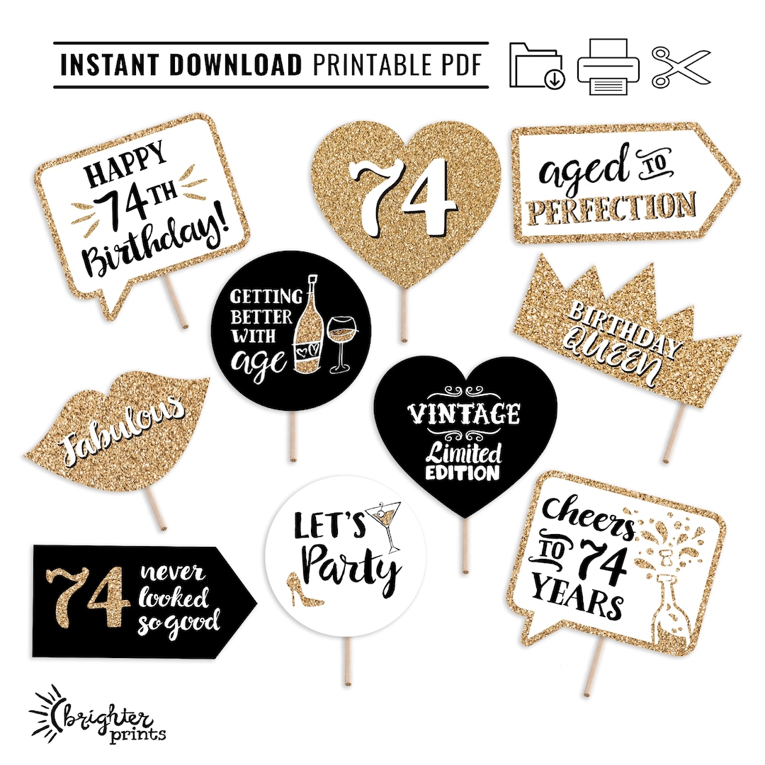 74th Birthday Printable Photo Booth Props - Instant Download - Gold ...
