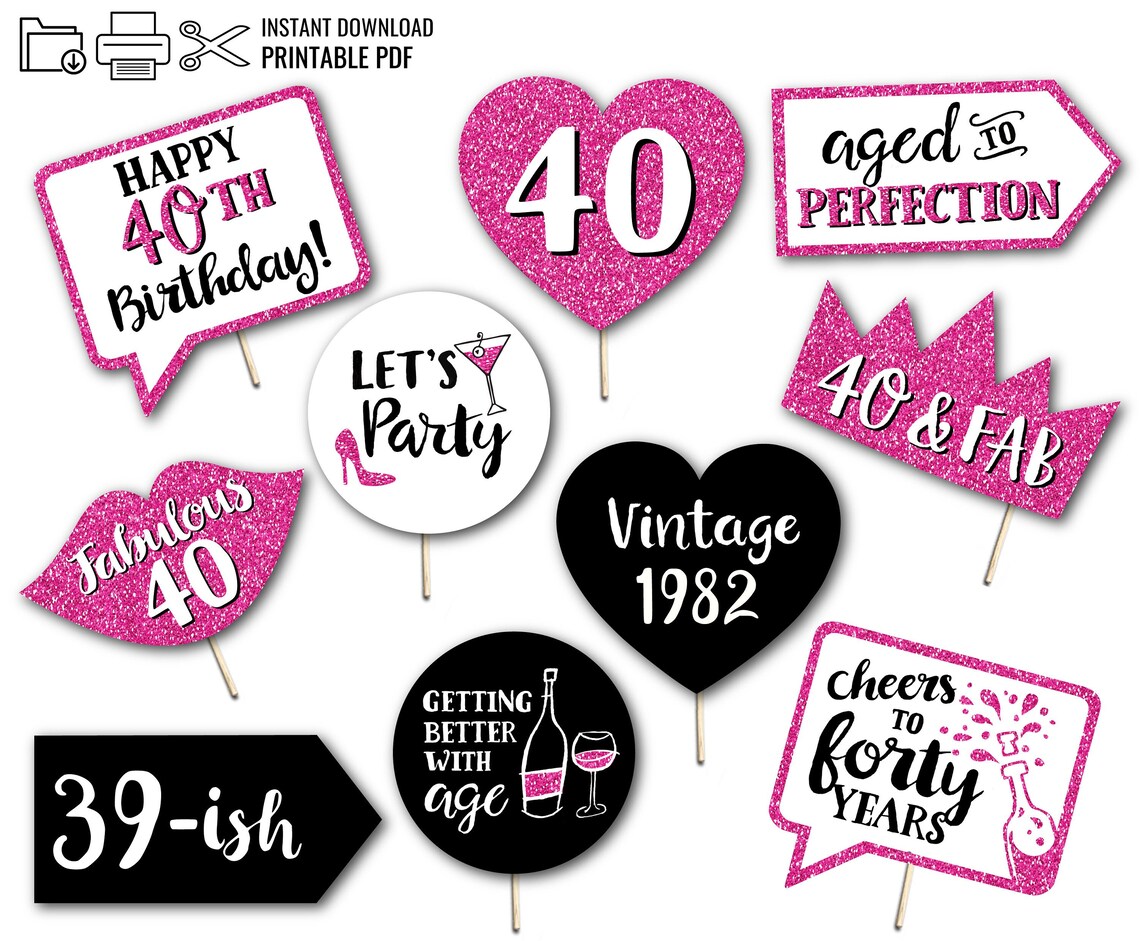 40th Birthday Printable Photo Booth Props Hot Pink Black and | Etsy