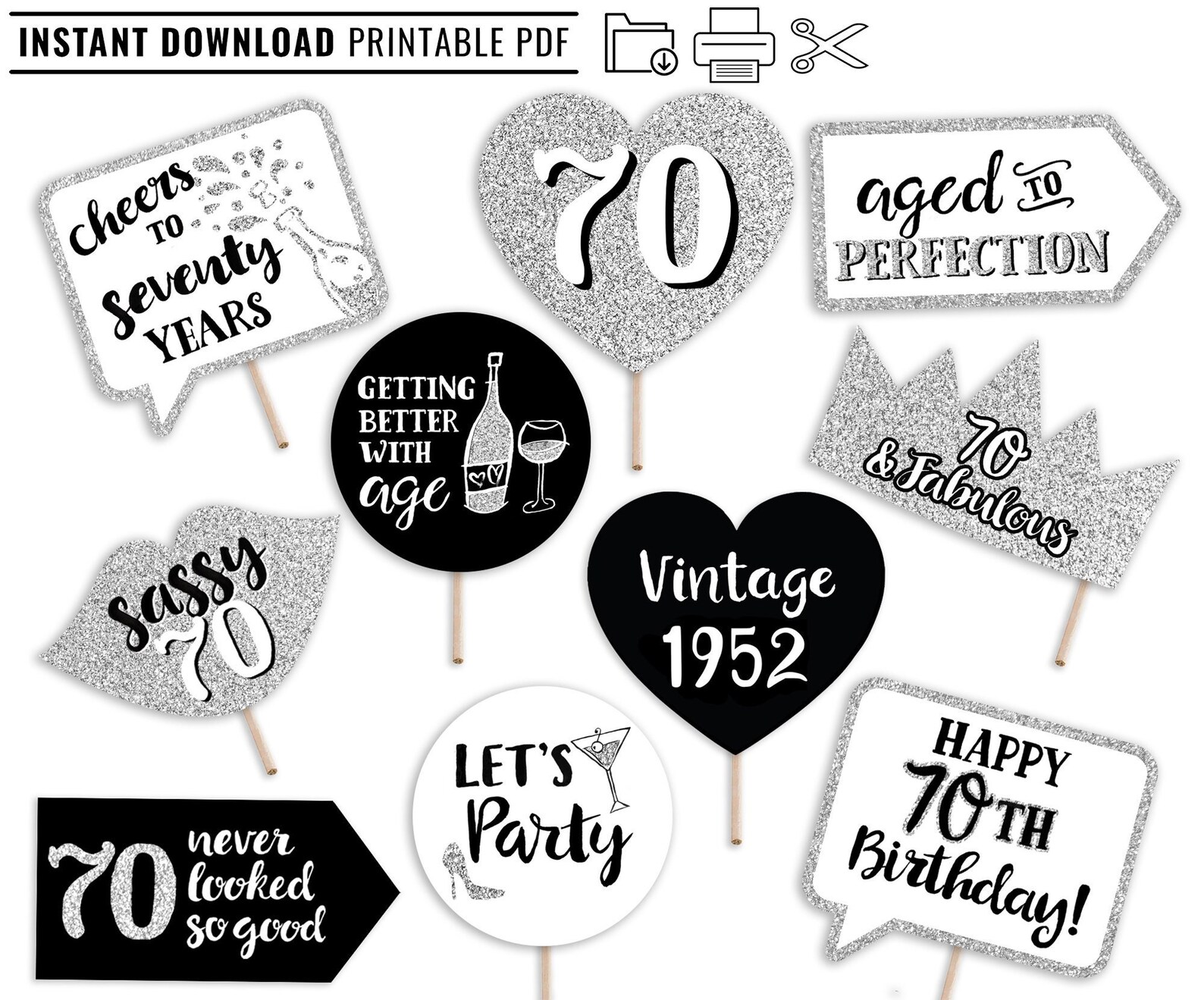 70th Birthday Printable Photo Booth Props Silver Black and - Etsy