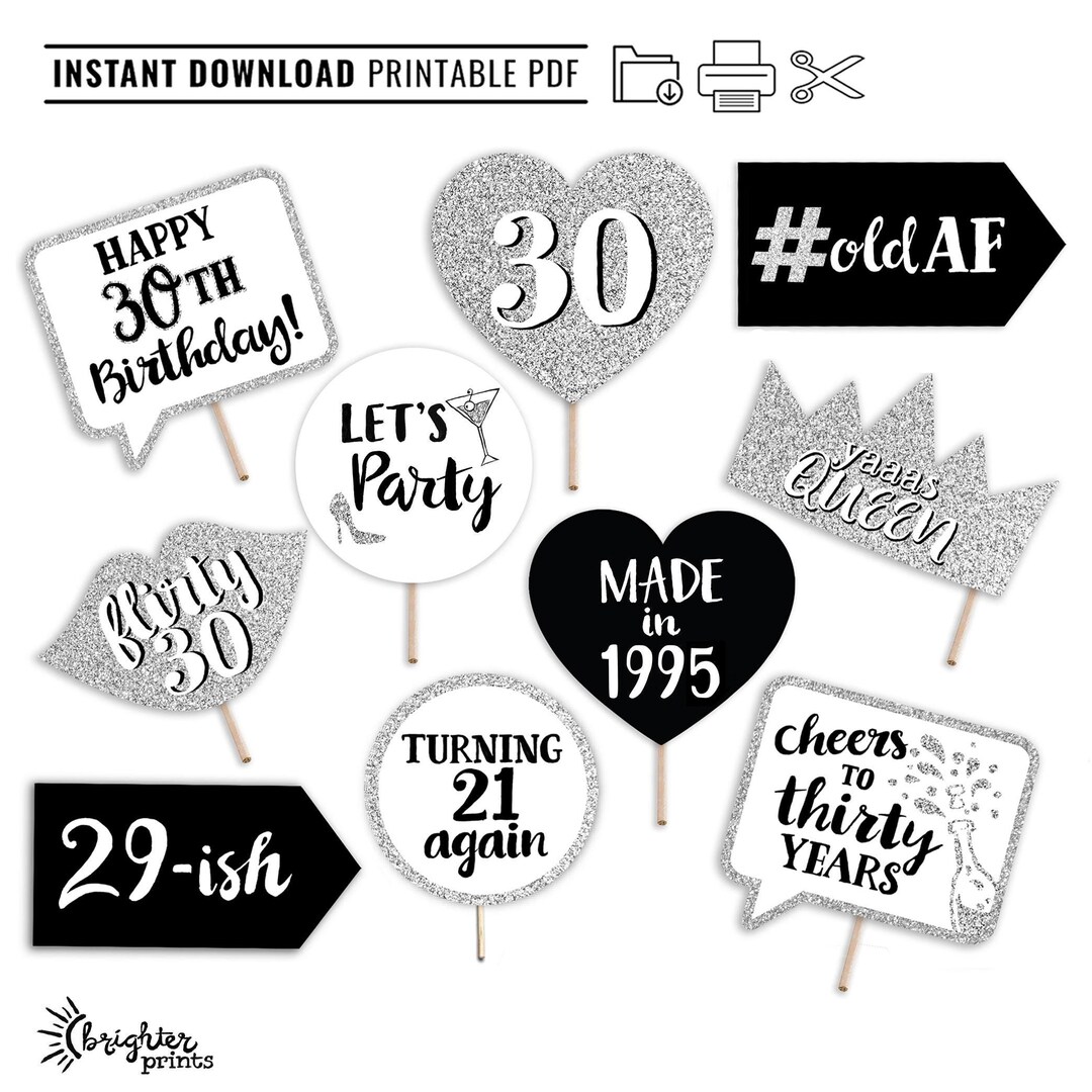 30th Birthday Printable Photo Booth Props - Silver Black and White - 10 ...