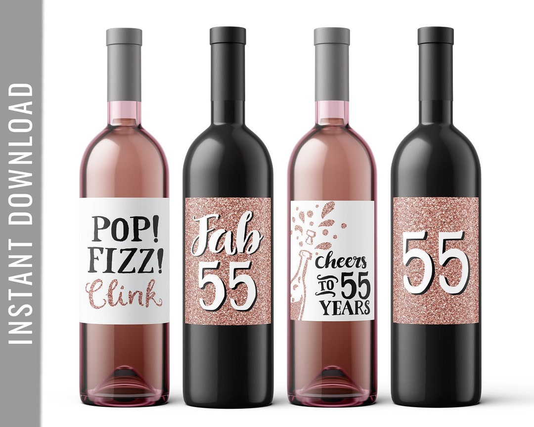 55th Birthday Printable Wine Bottle Labels - Rose Gold Glitter - 4 ...