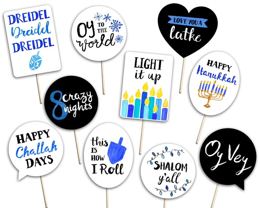 Hanukkah Photo Booth Props - 10 Printable Hand Painted Signs - White ...
