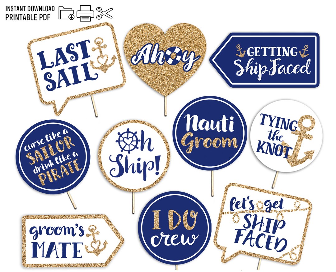 Printable Nautical Bachelor Party Photo Booth Props - 10 Signs Gold ...