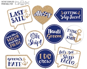 Nautical Bachelorette Printable Photo Booth Props 10 Signs Gold Navy ...
