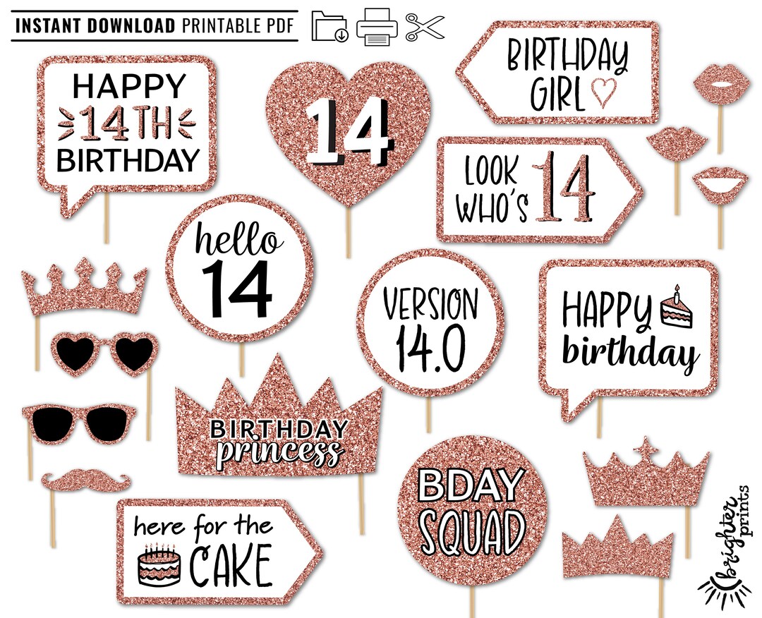 Printable 14th Birthday Party Photo Props - Rose Gold Glitter - DIY ...