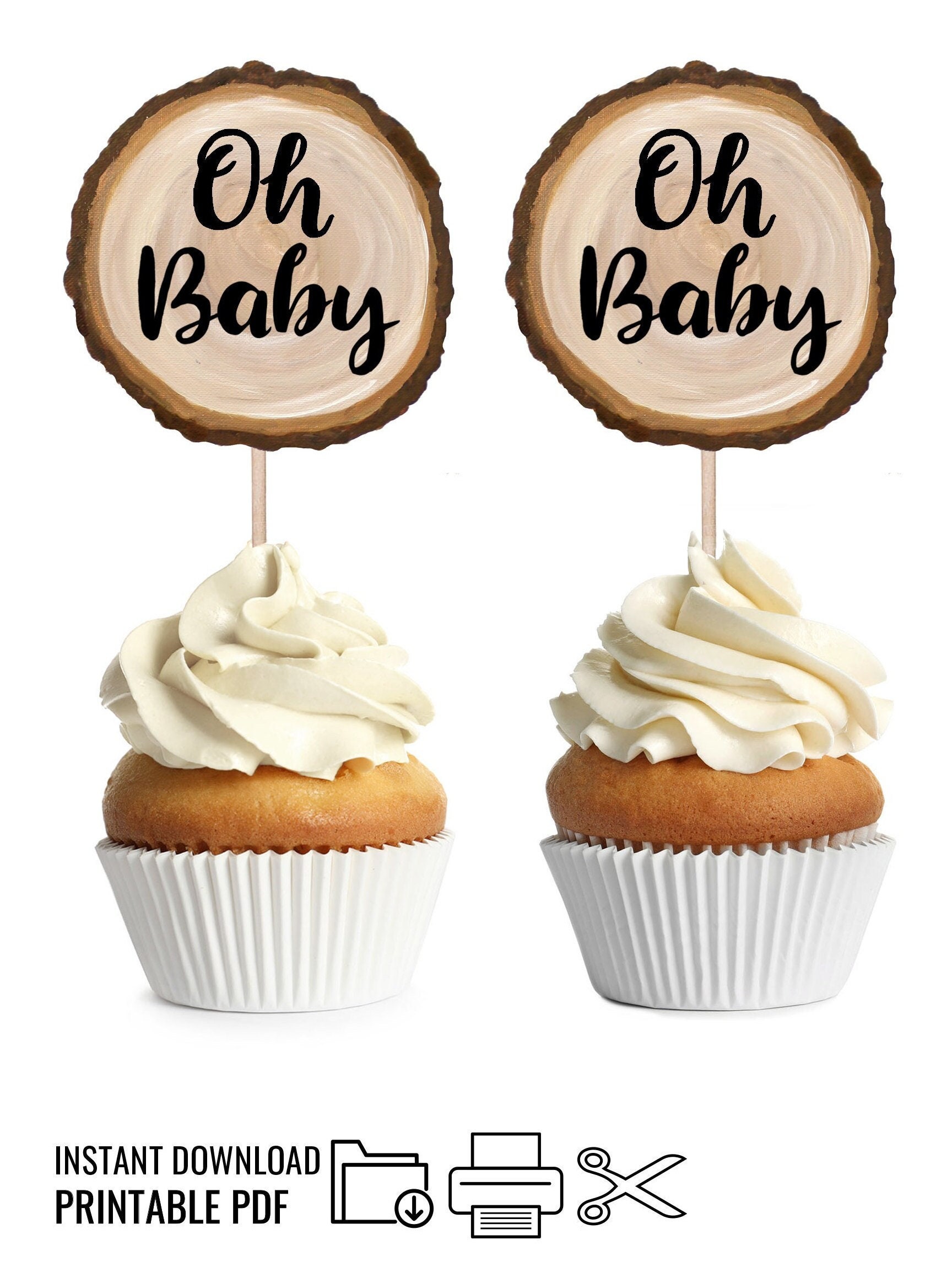 Printable Cupcake Toppers Rustic Baby Shower - Oh Baby Wood Slices ...