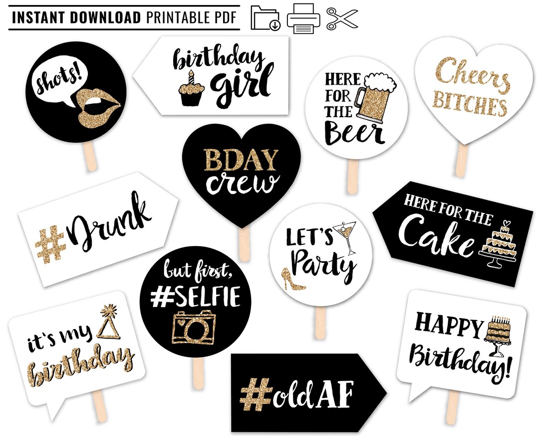 Funny Adult Birthday Printable Photo Booth Props - 12 Signs Gold White ...
