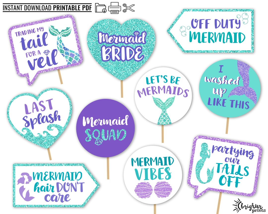 Printable Mermaid Bachelorette Photo Booth Props - 10 Signs Glitter ...