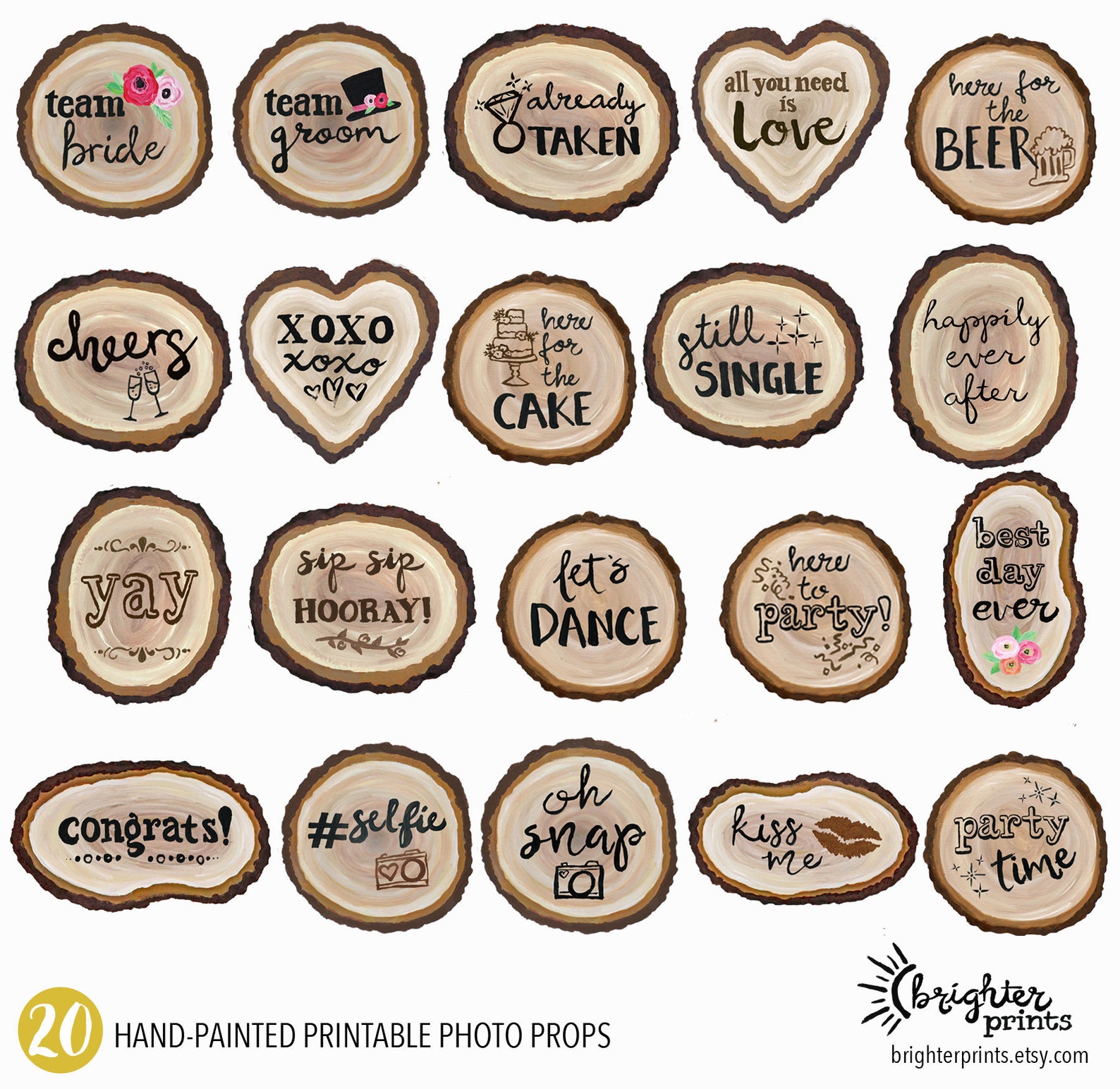 20 Printable Wedding Photo Booth Props Wood Slice Style | Etsy