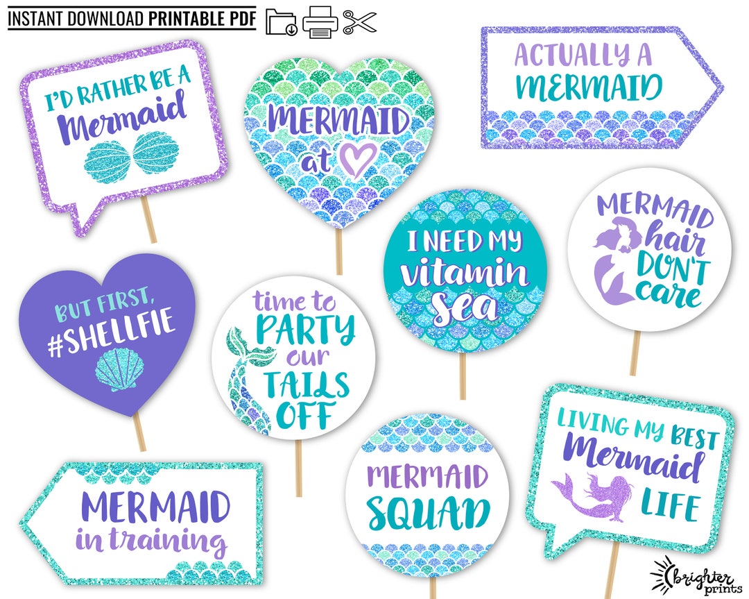 Printable Mermaid Photo Booth Props - INSTANT DOWNLOAD Digital PDF - 10 ...