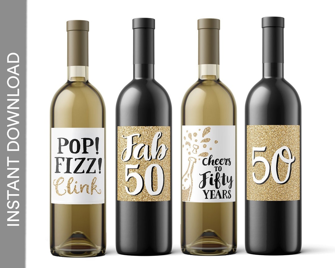 50th Birthday Printable Wine Bottle Labels - Gold Glitter - 4 Designs ...