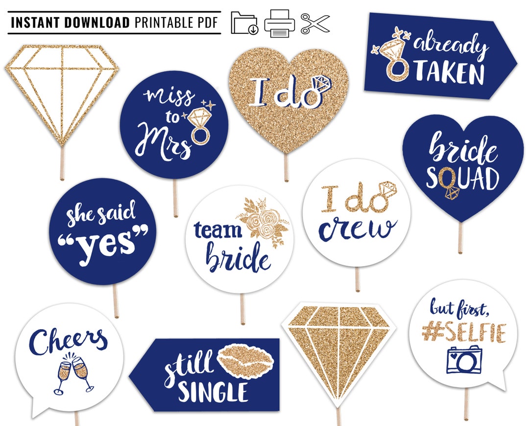 Printable Bridal Shower Photo Props - 12 Navy Blue and Gold Glitter ...