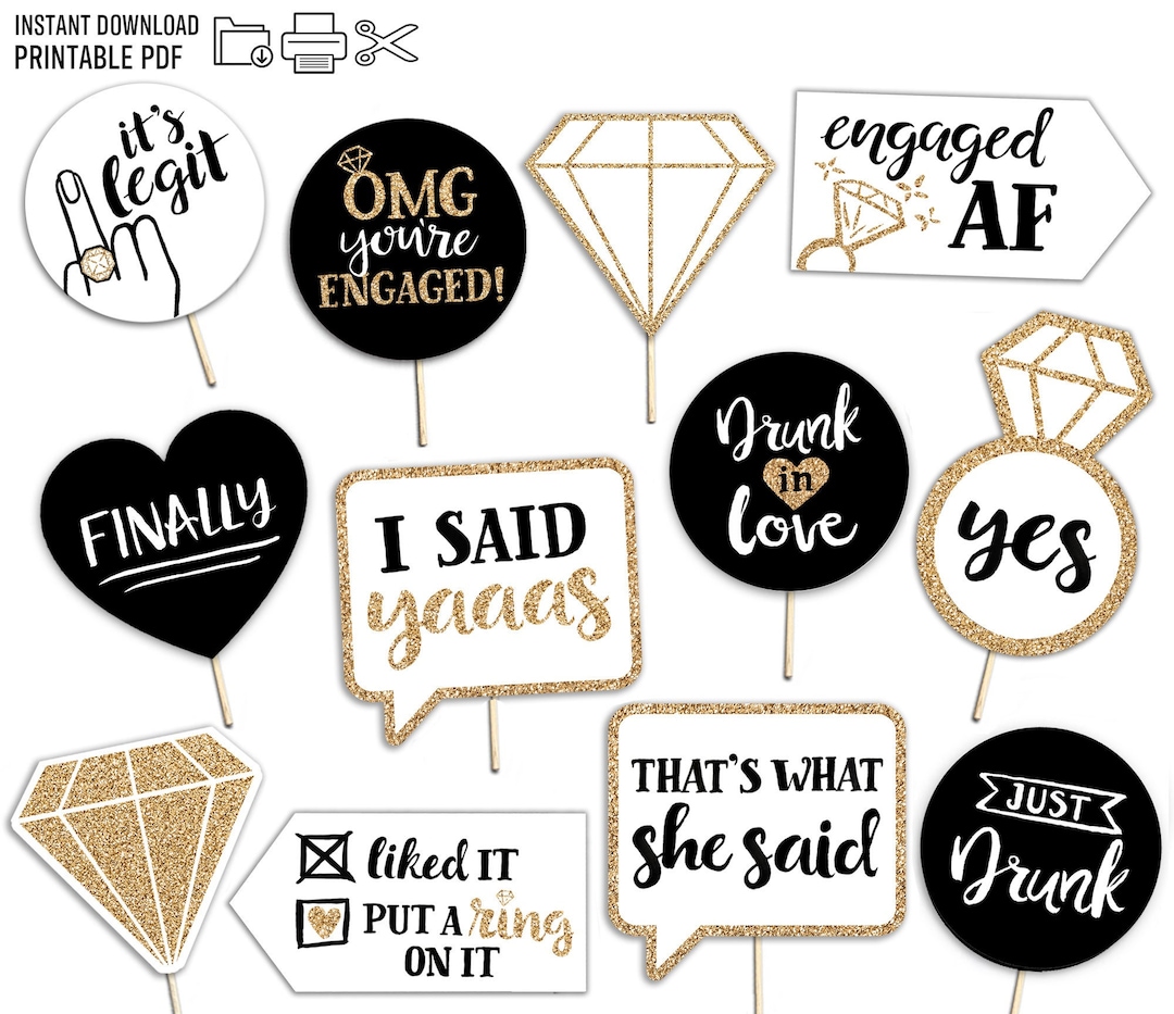Funny Engagement Printable Photo Booth Props - 12 Signs - Gold Black ...