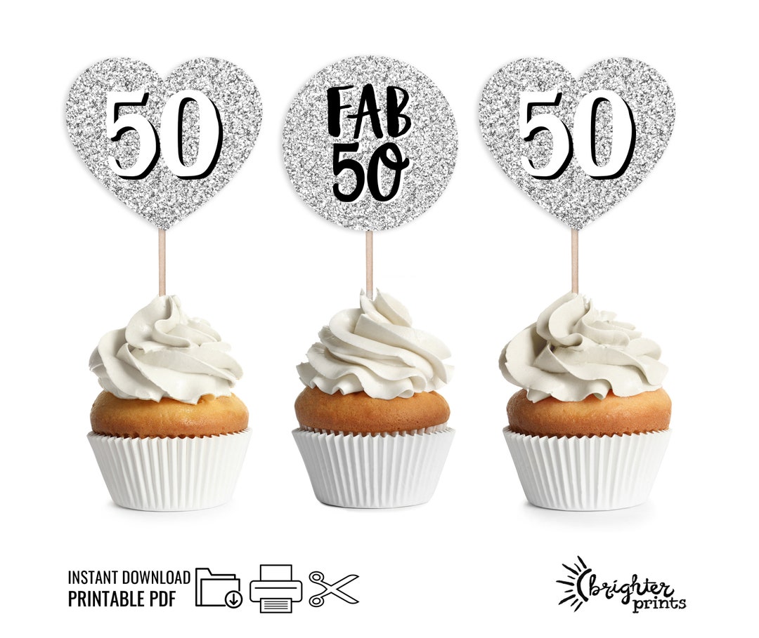 Printable 50th Birthday Cupcake Toppers - Instant Download PDF - Silver ...