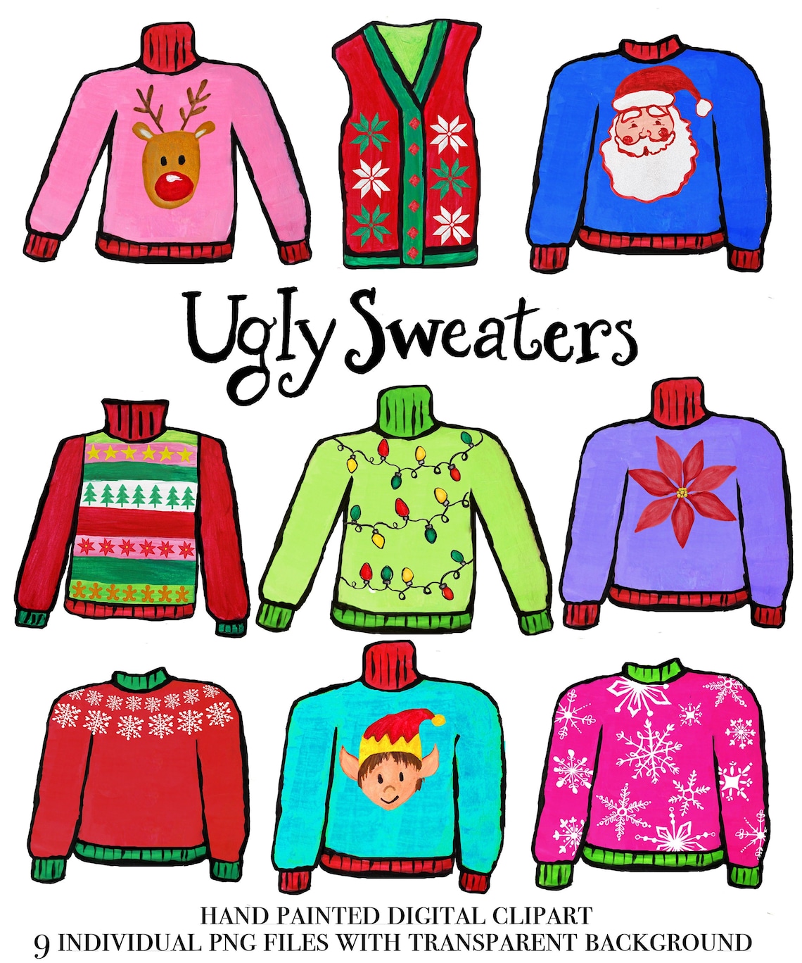 Ugly Sweater Clipart - 9 PNG Download Files - Christmas Party - Hand ...