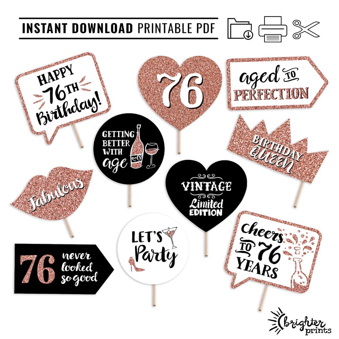 76th Birthday Printable Photo Booth Props - Instant Download - Rose ...