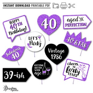 40th Birthday Printable Photo Booth Props Purple | INSTANT DOWNLOAD ...