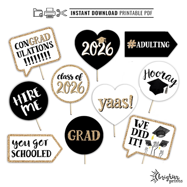 Printable Graduation Photo Booth Props - Class of 2026 - Gold Black and ...