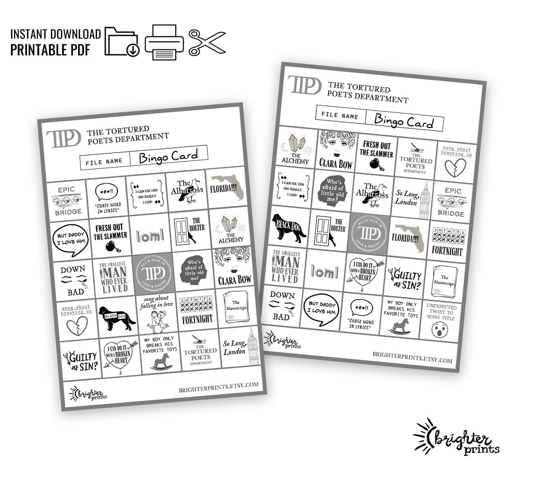 Printable TTPD Bingo Cards the Tortured Poets Department Party Games ...
