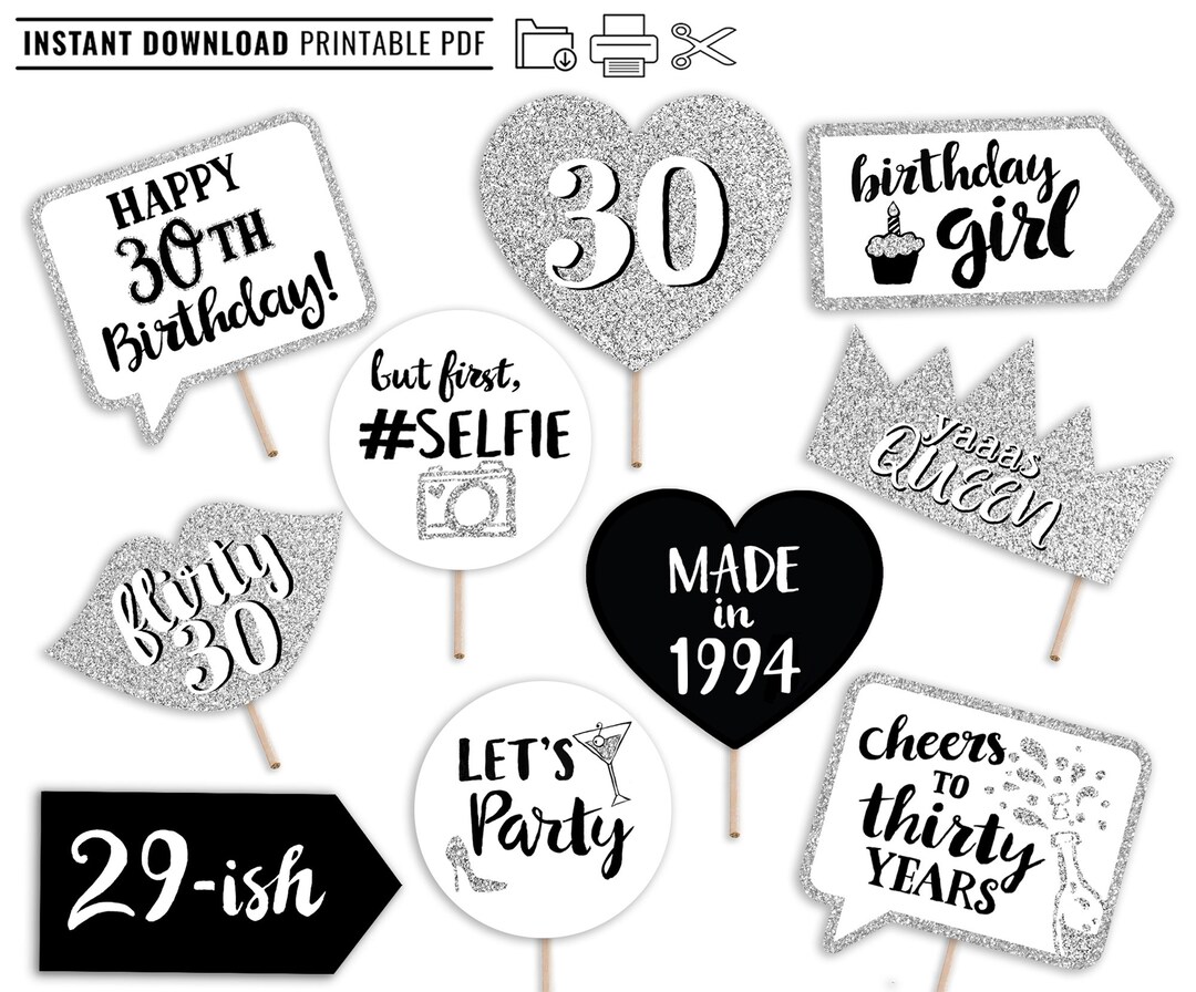 30th Birthday Printable Photo Booth Props Silver Black and White 10 ...