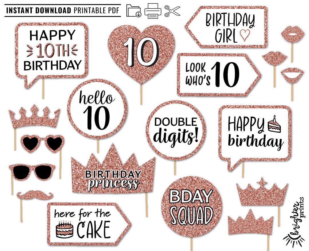 Printable 10th Birthday Party Photo Props - Rose Gold Glitter - DIY ...