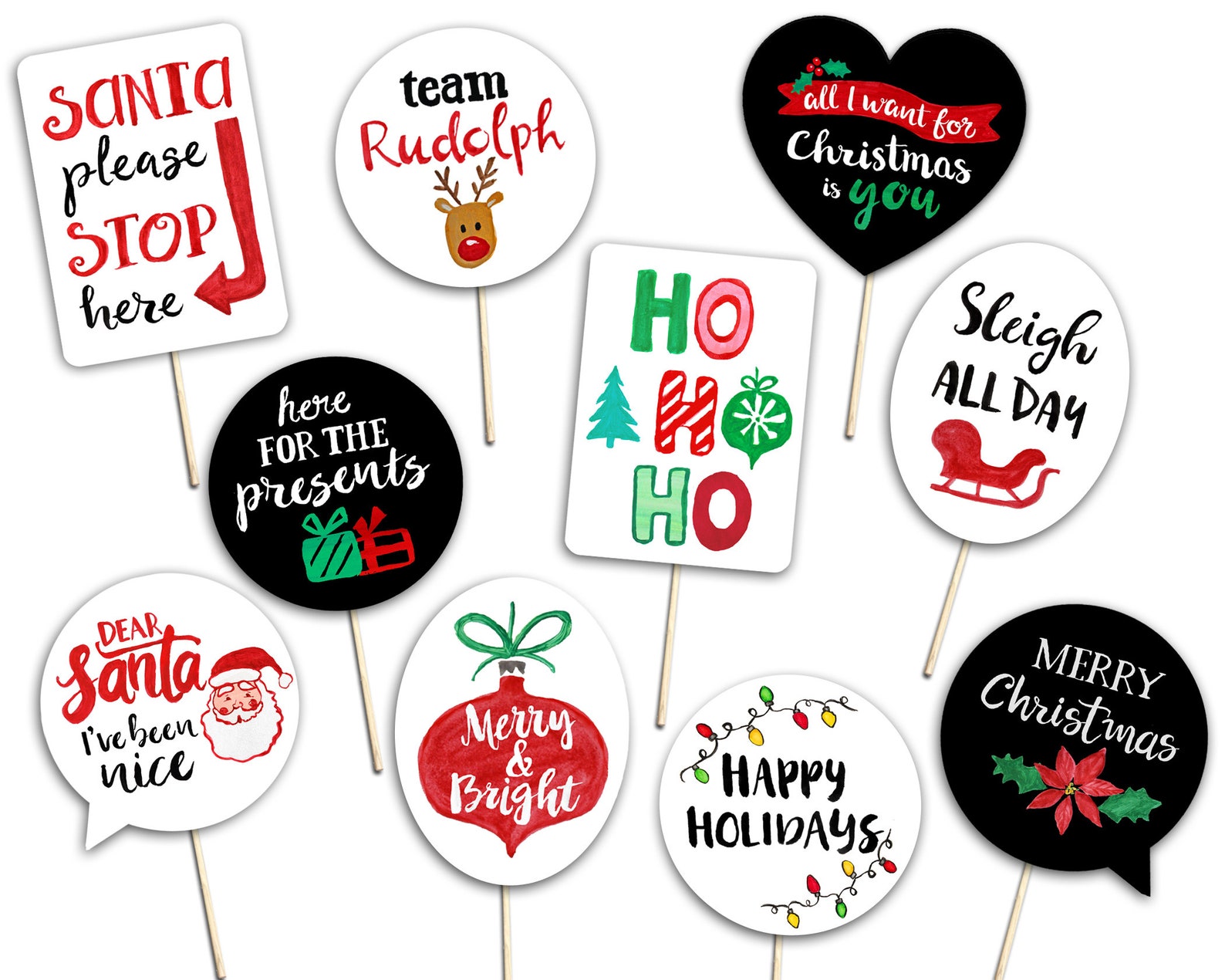 Christmas Photo Booth Props - 10 Printable Hand Painted Signs - White ...