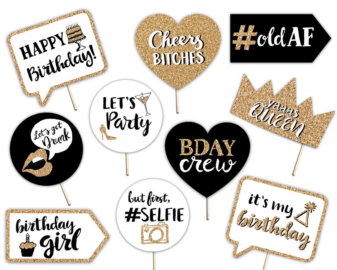 Funny Adult Birthday Printable Photo Booth Props - Gold Black and White ...