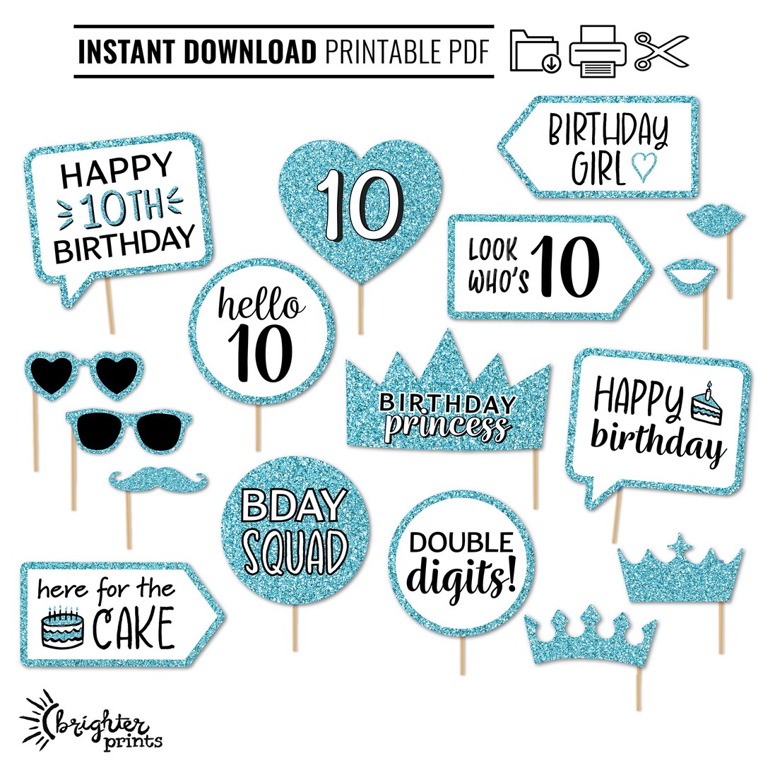 10th Birthday Printable Party Photo Props - Light Blue - DIY Photo ...