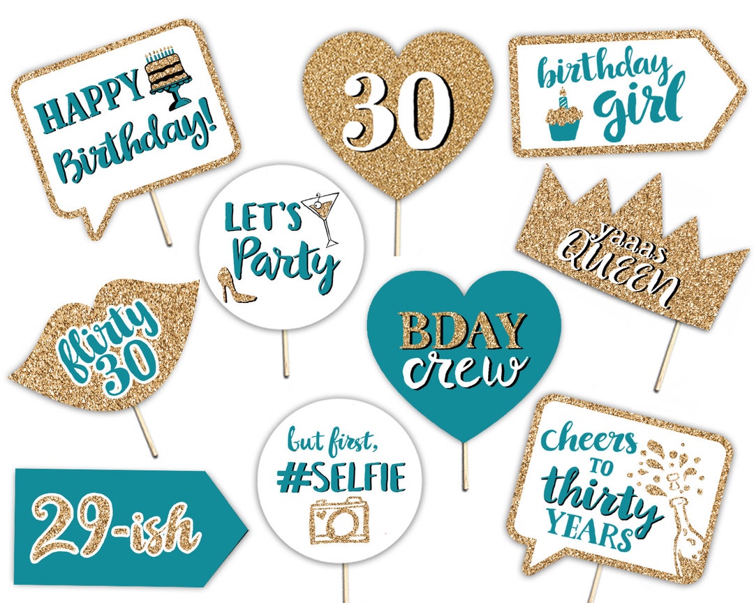 30th Birthday Printable Photo Booth Props - Teal Gold Black White - 10 ...
