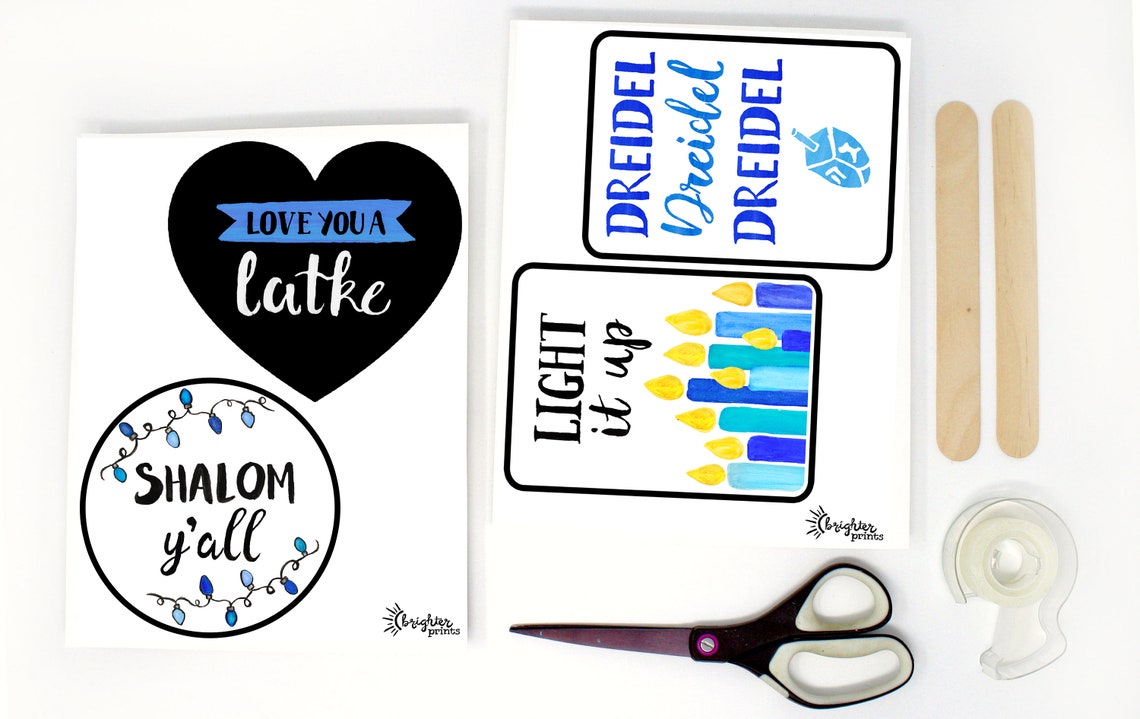 Hanukkah Photo Booth Props - 10 Printable Hand Painted Signs - White ...