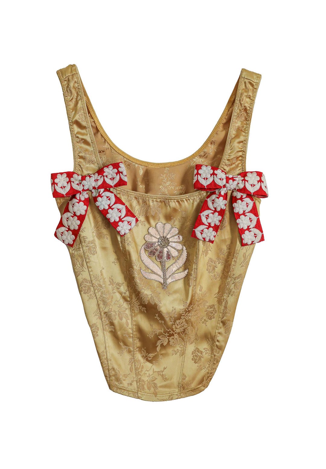 Reworked Floral Embroidered Gold Red Bow Tank Corset Cocktail Party Top ...