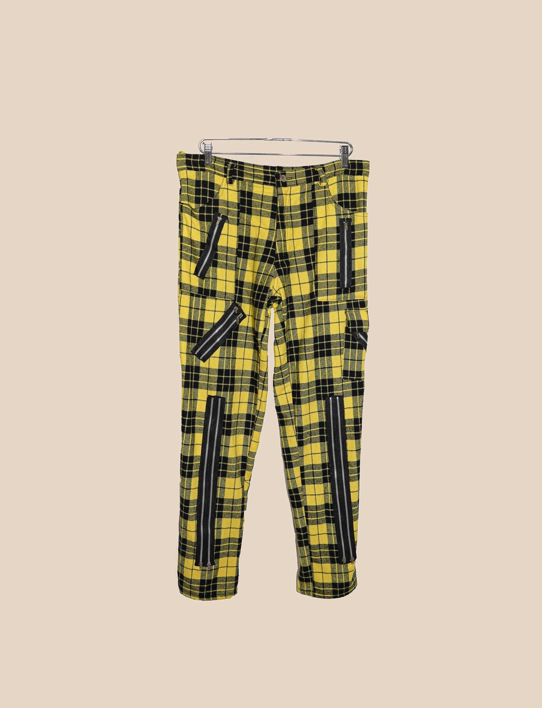 Vintage Mens Yellow Black Plaid Mid Rise Fall Winter Punk Cargopants ...