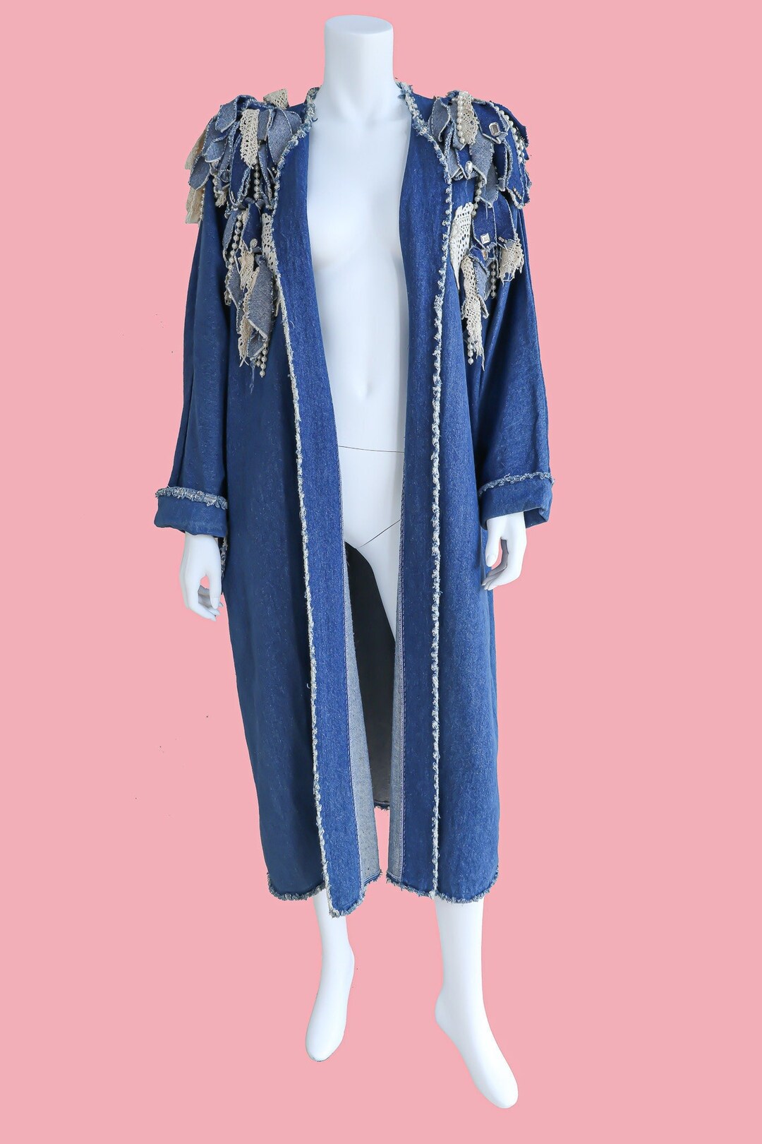 Vintage Long Blue Denim Jeweled Lace Coat Size Large Crotchet Coat Jean ...
