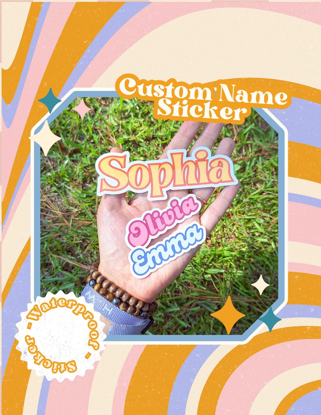 Custom Groovy Retro Name Sticker | Personalized Waterproof Vinyl ...