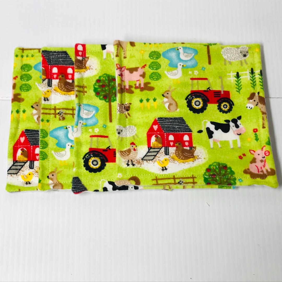 Reusable Set of Four 6” Farm Animals Tractors Kids Flannel Wash Cloths ...