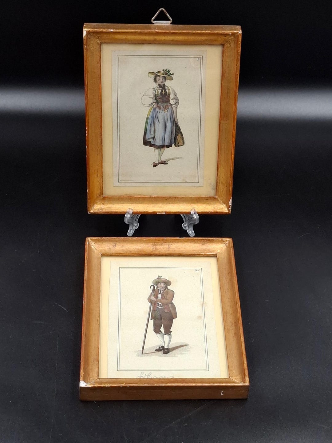 Vintage Two Mini Engravings or Drawing Peasant Man and Woman in ...