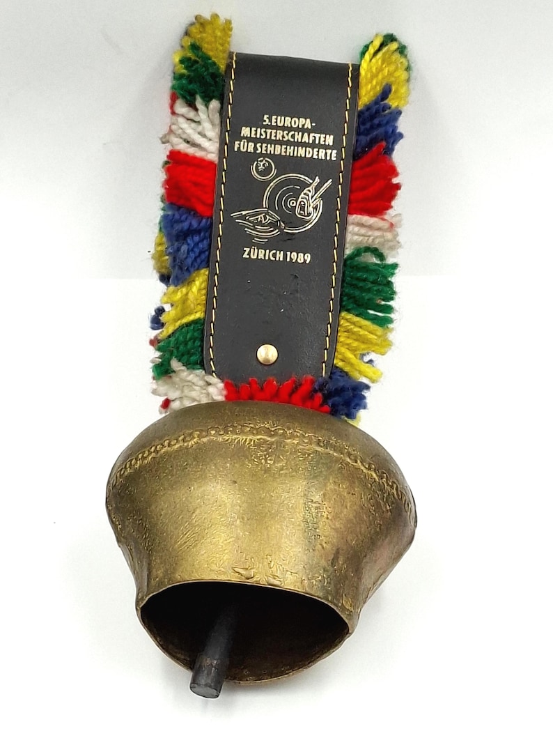 Swiss Cow Bell Vintage Souvenir Switzerland 1989 Handmade Leather Brass ...