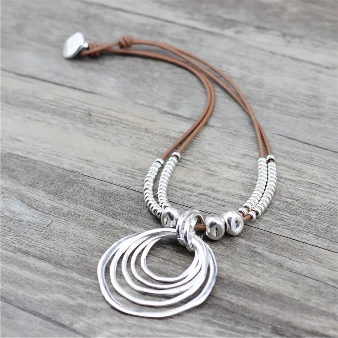 Silver Colour Multi Circular Pendant Leather Rope Necklace - Etsy