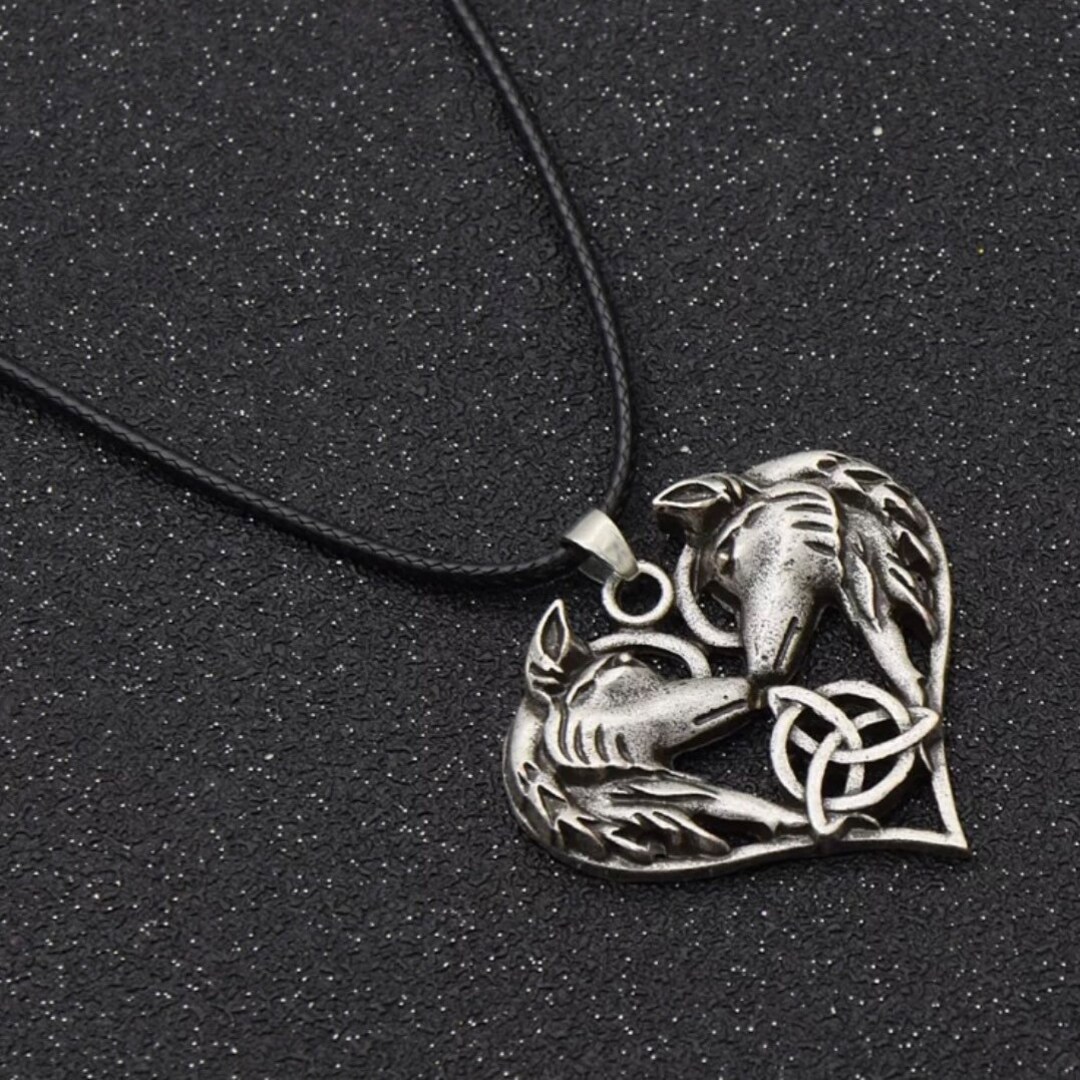 Celtic Heart Double Wolf Couples Pendant With Black Rope Necklace - Etsy