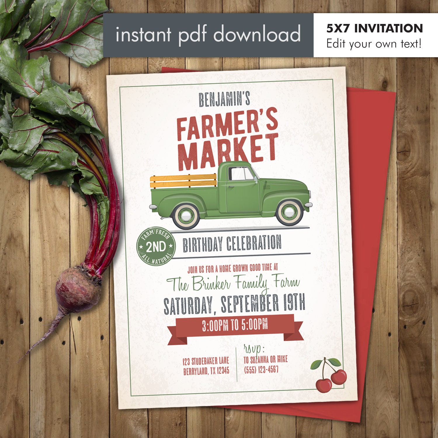 Vintage Farmers Market Birthday Party Invitation With Pickup Truck ...