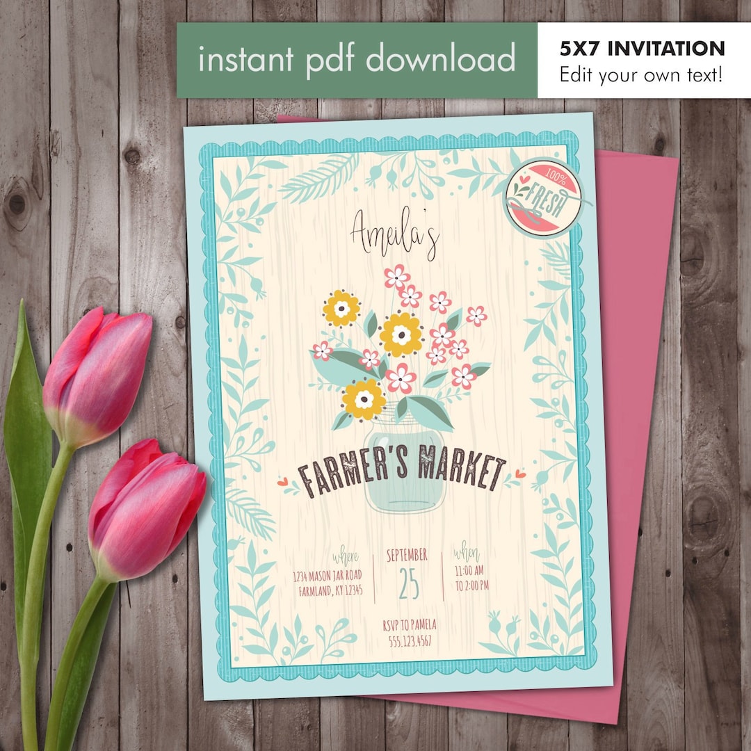 Girls Farmers Market Birthday Party Invitation Flower Garden Themed ...