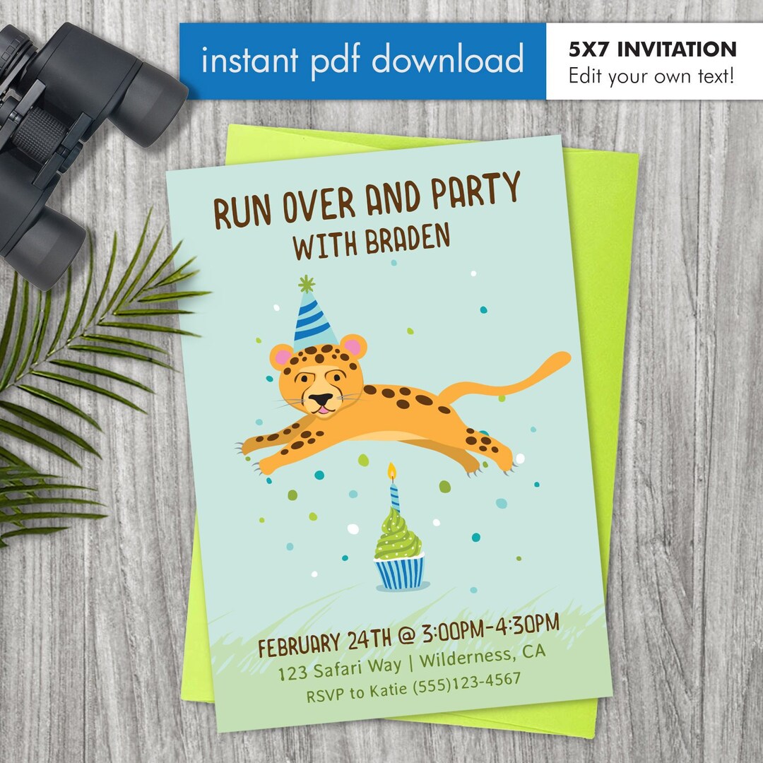 Cheetah Safari Birthday Party Invitation - Instant Download With ...