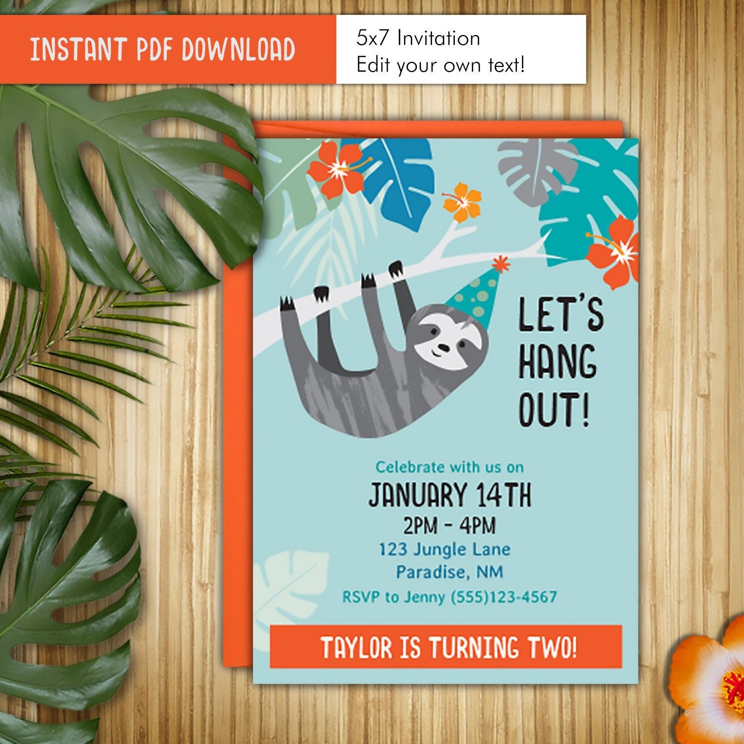 Sloth Birthday Invitation - Tropical Birthday - Sloth Party - Instant ...