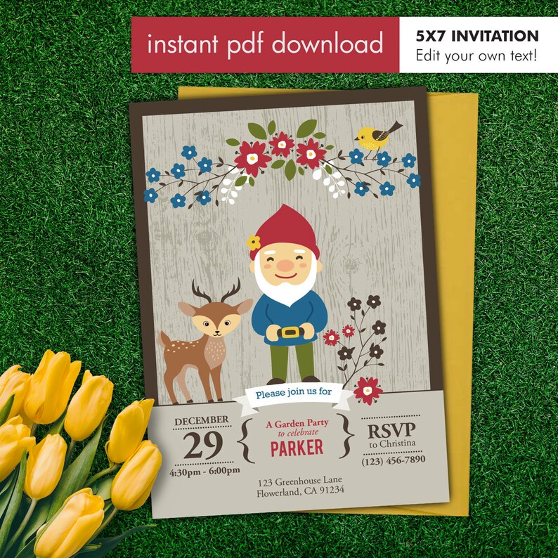 Garden Gnome Party Invitation - Instant Download With Editable Text - Etsy