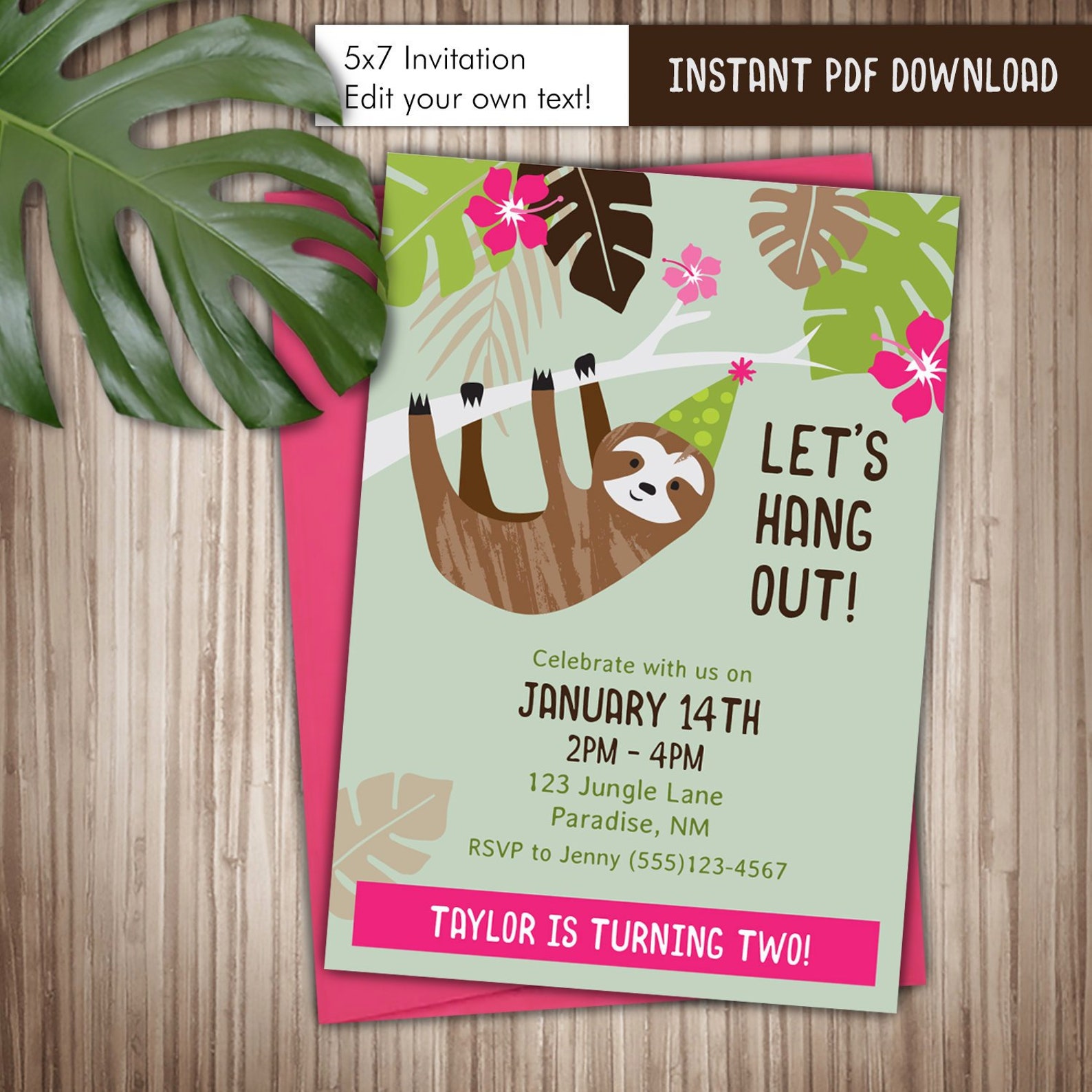 Sloth Birthday Invitation - Pink Tropical Sloth Party Invitation ...