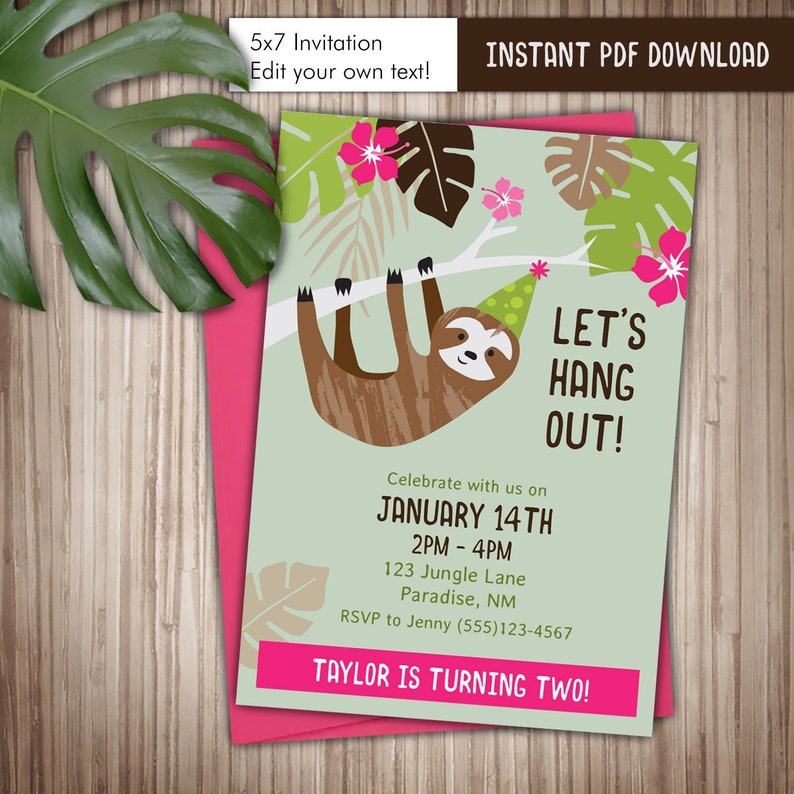 Sloth Birthday Invitation - Pink Tropical Sloth Party Invitation ...